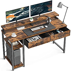 ODK Computer Desk 47" Table: Office Desk with Cloth Drawers & Wood Storage Shelves, Home Work Writing Desk & Large Space Monitor Stand, Rustic Brown