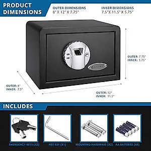 Barska AX11620 Biometric Fingerprint Mini Security Home Safe Box 0.29 Cubic Ft, Black, 12" x 8" x 7.75"