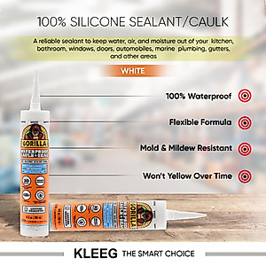 Kit of Gorilla Caulk Sealant 100% Silicone Sealant, 10oz Cartridge, White + KLEEG Caulk Gun + KLEEG Caulking Tool Kit - Dripless Caulking Gun, Caulk Removal Tool, 3in1 Scraper Sealant Tool