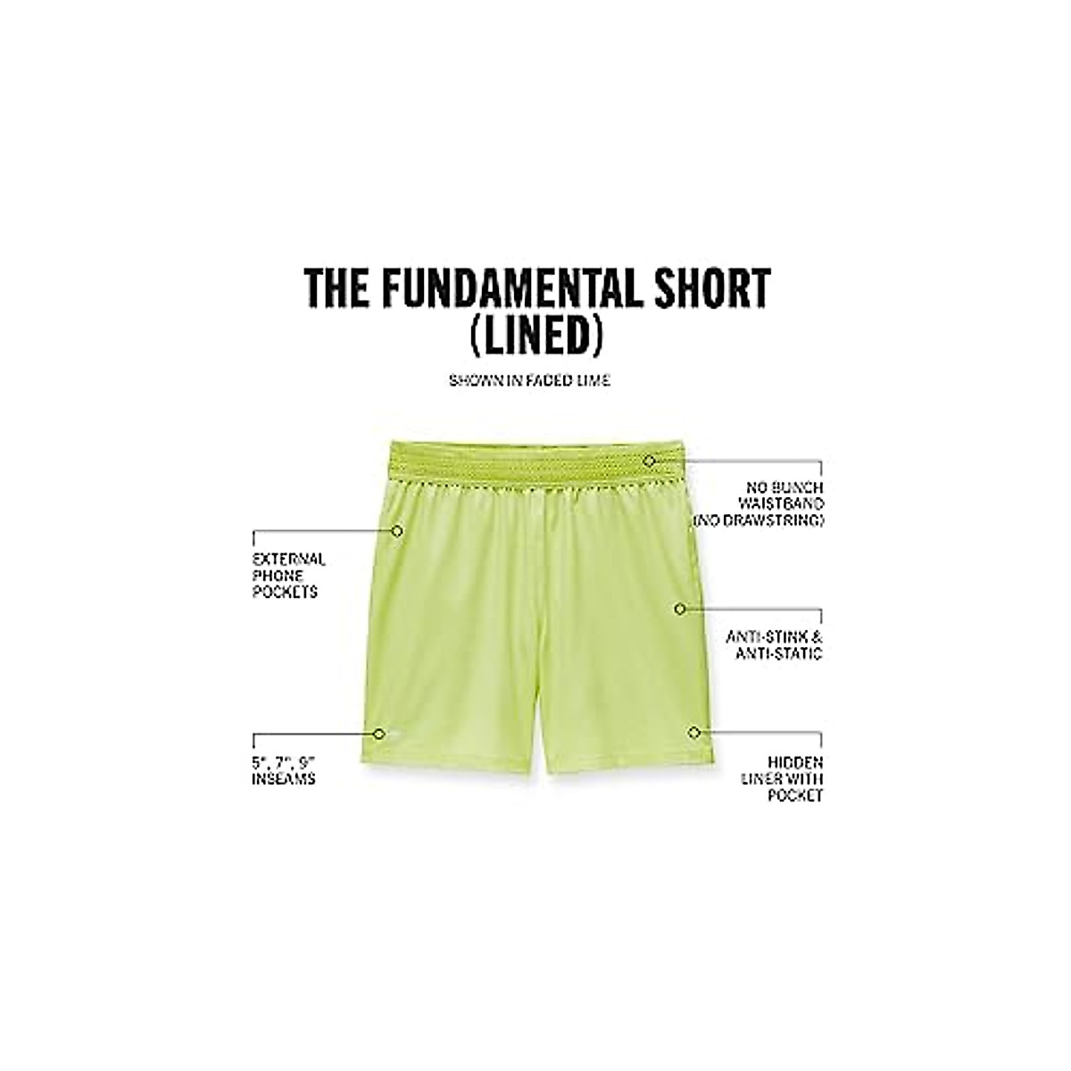 Fabletics Men's The Fundamental Short (Lined), Workout, Running, Training, Gym, Yoga, Ultra Lightweight, Athletic, 7" Inseam, M, Faded Lime
