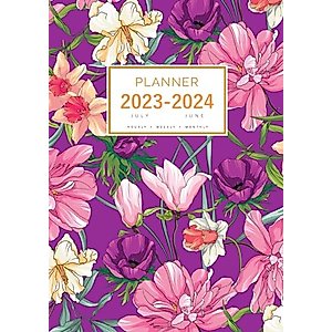 Planner July 2023-2024 June: A4 Large Notebook Organizer with Hourly Time Slots | Peony Iris Magnolia Design Purple
