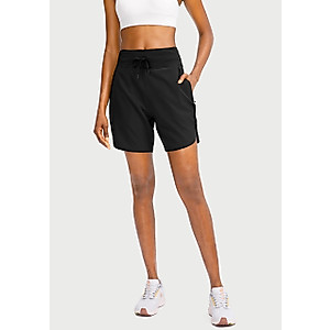 Dyorigin Women's 7" Athletic Running Shorts with 3 Zipper Pockets Long High Waisted Shorts Women for Workout Gym Hiking(Black Large)