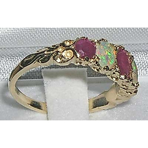 LetsBuyGold 14k Yellow Gold Natural Ruby and Opal Womens Band Ring - Size 4.75