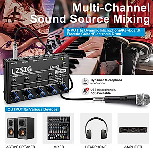 LZSIG Mini Audio Mixer,Stereo Line Mixer for Sub-Mixing,Ultra Low-Noise,4-Channel,Dynamic Microphone Independent Control, 1/4" & 1/8" TRS Output and Input,for Guitars,Bass,Keyboards (Small(4-Channel))