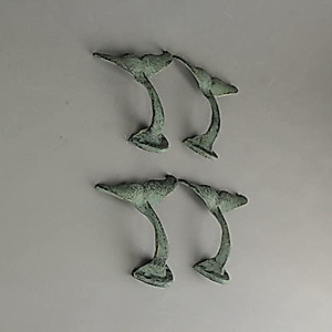 Set of 4 Verdigris Green Cast Iron Decorative Whale Tail Wall Hooks Coastal Decor 5 Inches Long