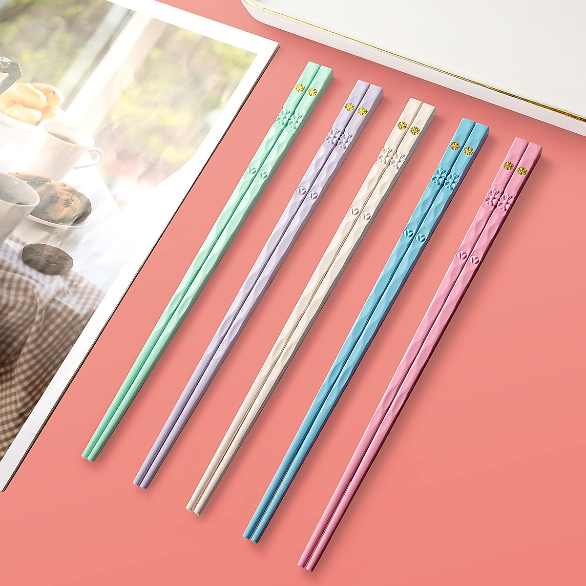 HELERKOL 5 Pairs Fiberglass Multicolor light color Chopsticks Carved Gold Glitter Patch Chopsticks Reusable Non-Slip Lightweight Chinese Japanese Korean Chopsticks Dishwasher Safe, 9.6 Inch long