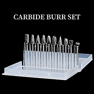 Carbide Burr Set, Die Grinder Bits, 20 Pcs 1/8" Shank Double Cut Tungsten Carbide Rotary Burrs Set Compatible with Dremel for Metal Carving Wood Working Engraving Polishing