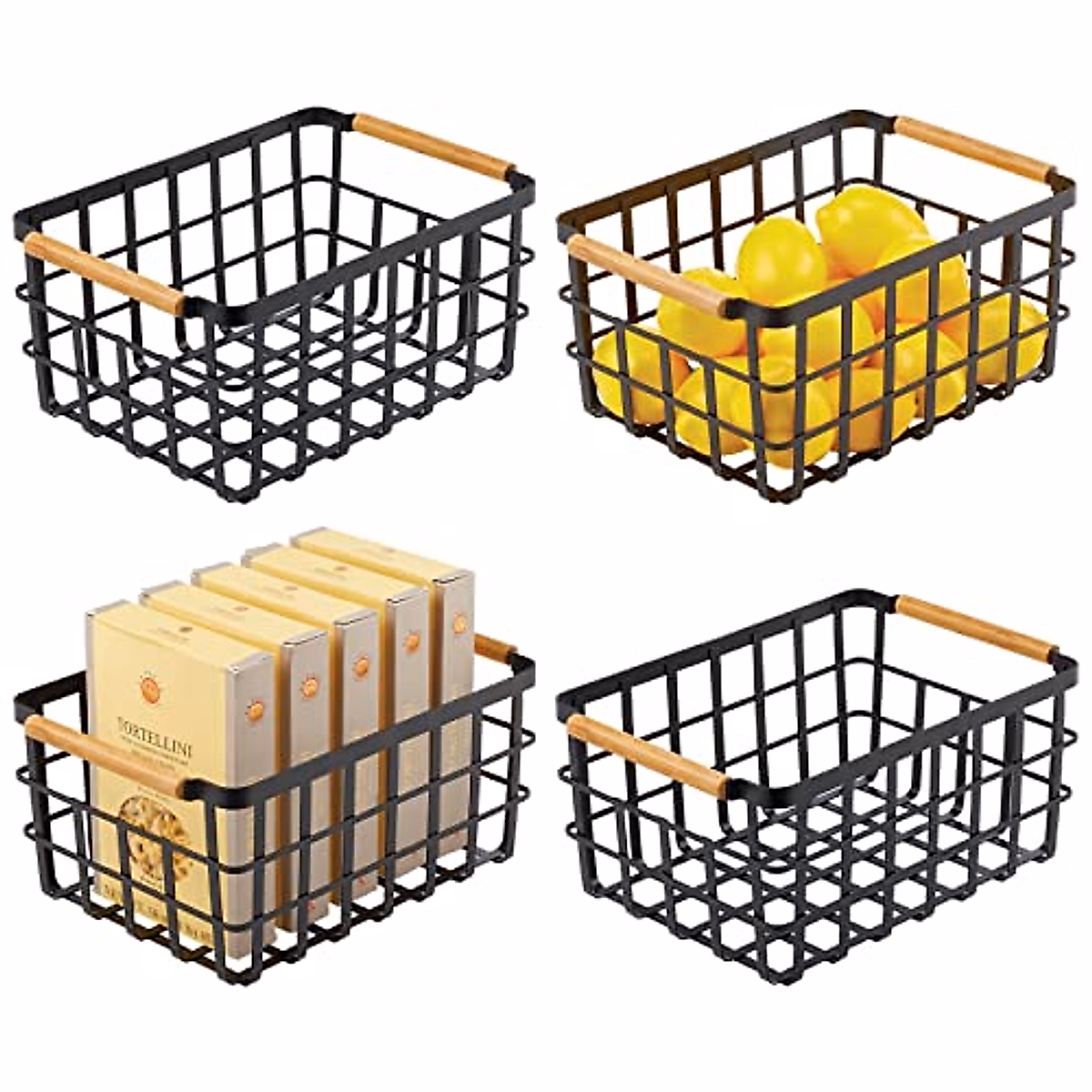 mDesign Metal Wire Food Organizer Storage Bin Basket with Bamboo Handles for Kitchen Cabinets/Pantry Organizing - Farmhouse Decor - Yami Collection - 4 Pack - Matte Black/Natural