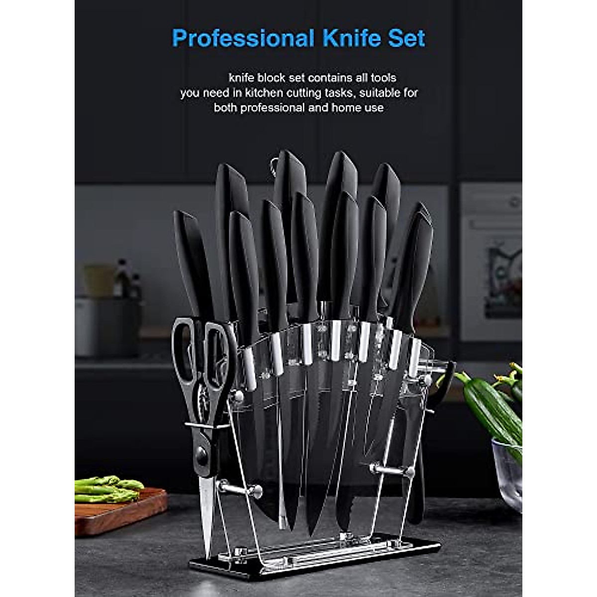 KDIK 16 PCS High Carbon Stainless Steel Kitchen Knife Set, BO Oxidation, No Rust, Sharp Cutlery Black Knife Set with Acrylic Stand and Serrated Steak Knives,AB112