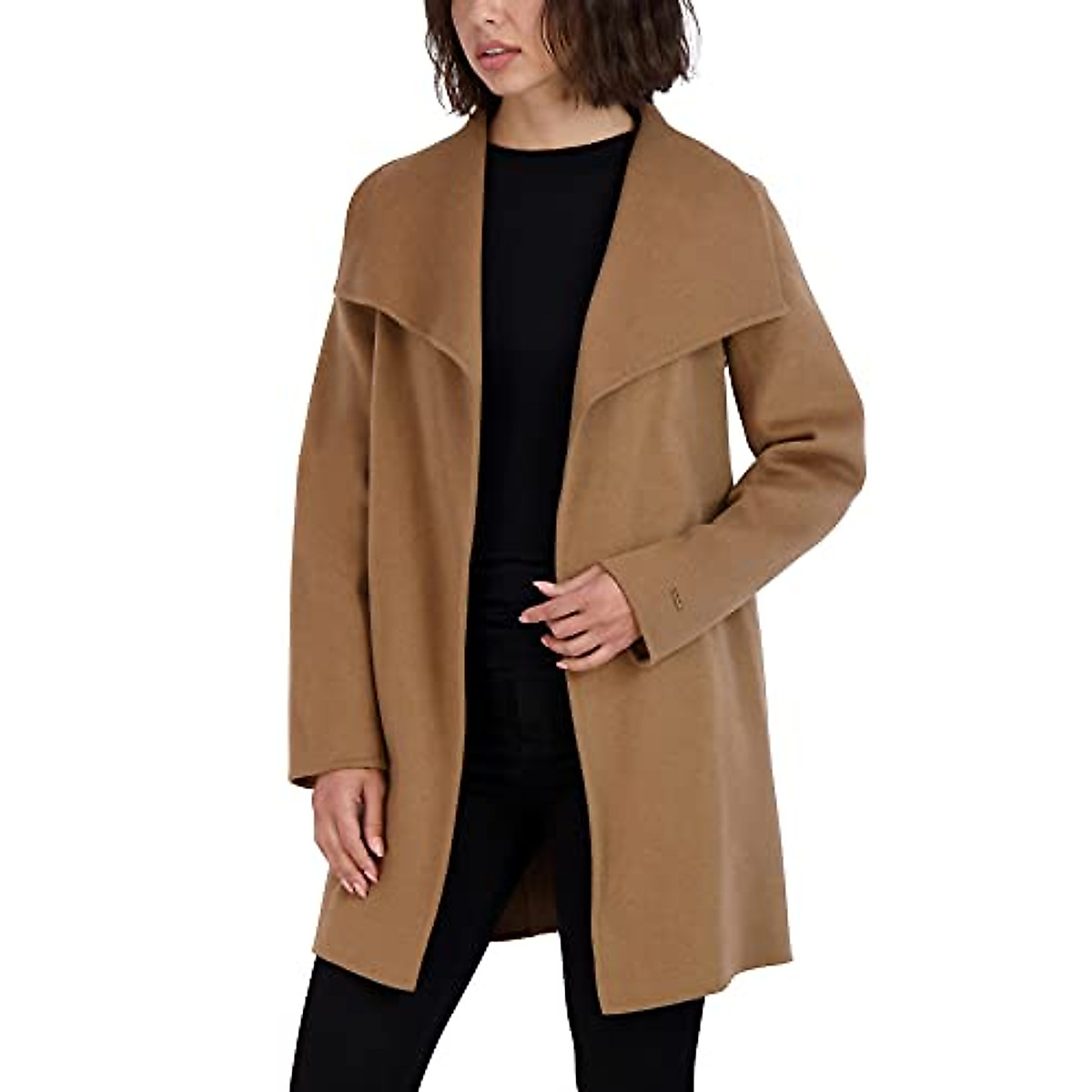 Tahari Women's Ella Lightweight Double Face Wool Wrap Coat with Tie Belt, Solid Camel, Medium