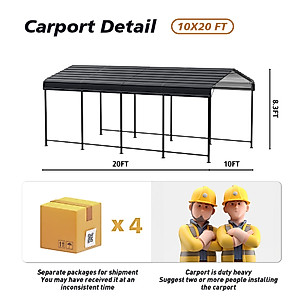 HOMPUS Outdoor Carport, 10'x20' Carport with Galvanized Steel Roof, Heavy Duty Canopy for Garage, Outdoor Garage Car Shelter Shade for Car, Grey