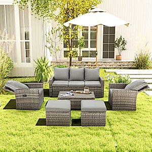GYUTEI 6 Piece Patio Furniture Set, Outdoor Sectional Conversation Rattan Sofa Set with Ottoman and Outdoor Storage Table for Garden, Porch, Backyard(Grey)