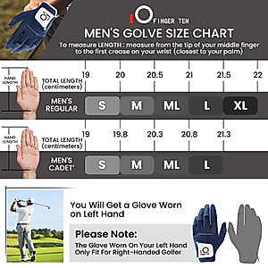 FINGER TEN Golf Gloves Men Left Hand Rain Grip Glove for Right Handed Golfer Value 3 Pack, All Weather Durable Grip Size Small Medium Large XL White Black Blue (Navy, Medium/Large, Left)