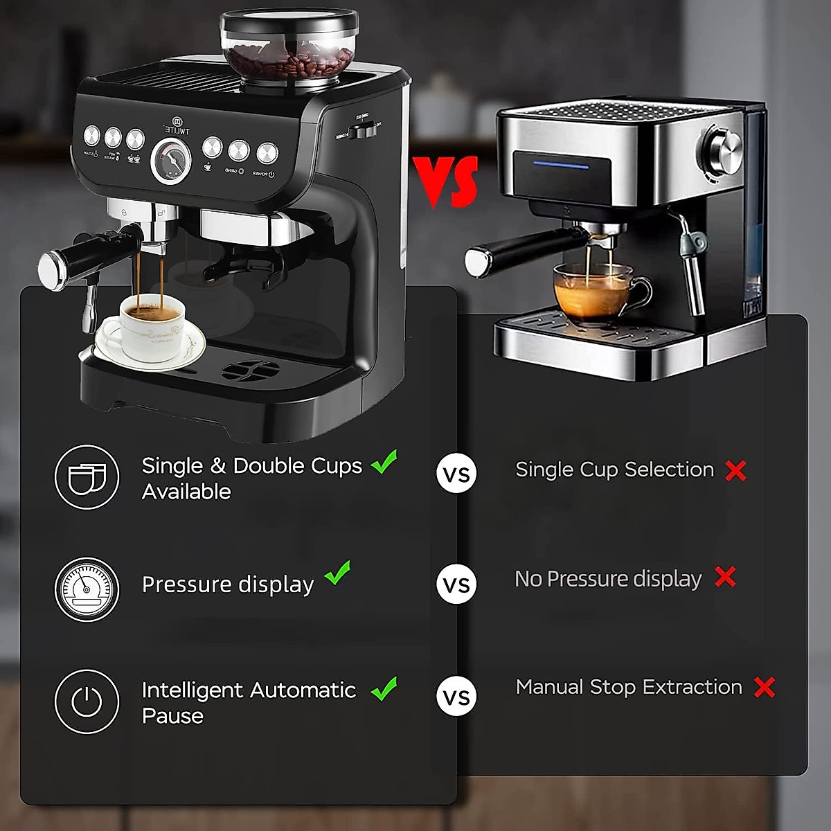 TWLITE 𝐄𝐬𝐩𝐫𝐞𝐬𝐬𝐨 𝐌𝐚𝐜𝐡𝐢𝐧𝐞 𝐰𝐢𝐭𝐡 𝐆𝐫𝐢𝐧𝐝𝐞𝐫, Professional Espresso Maker with Milk Frother Steam Wand, 15 Bar Barista Cappuccino Machine