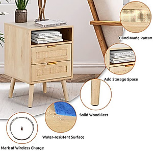 AILEEKISS Rattan Nightstands Set of 2 with Wireless Charging Station Modern Bedside Tables with Solid Wood Feet Night Stands Set of 2 with Drawers and Open Storage Shelf for Bedroom (Natural 2 Sets)