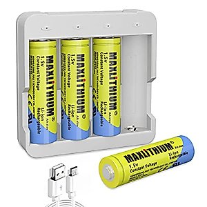 maxlithium 1.5V AA Lithium Rechargeable Batteries 2520mWh, 1500 Cycles Lithium AA Batteries Rechargeable with 2H Fast Charging, 4 Count with Charger