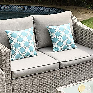 COSIEST 4-Piece Patio Furniture Sectional Sofa All-Weather Outdoor Wicker Conversation Set w Warm Gray Cushions, Glass Coffee Table, 4 Teal Pattern Pillows for Deck, Backyard, Pool