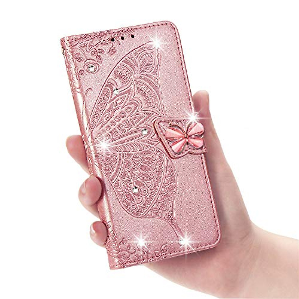 ZYZXHZD Xiaomi Mi Redmi Note 8 3D Butterfly Flower Wallet Case, with Credit Cards Slot and Stand Magnetic Protective PU Leather Flip Phone Cover for Xiaomi Redmi Note 8(Rhinestone Rose Gold)