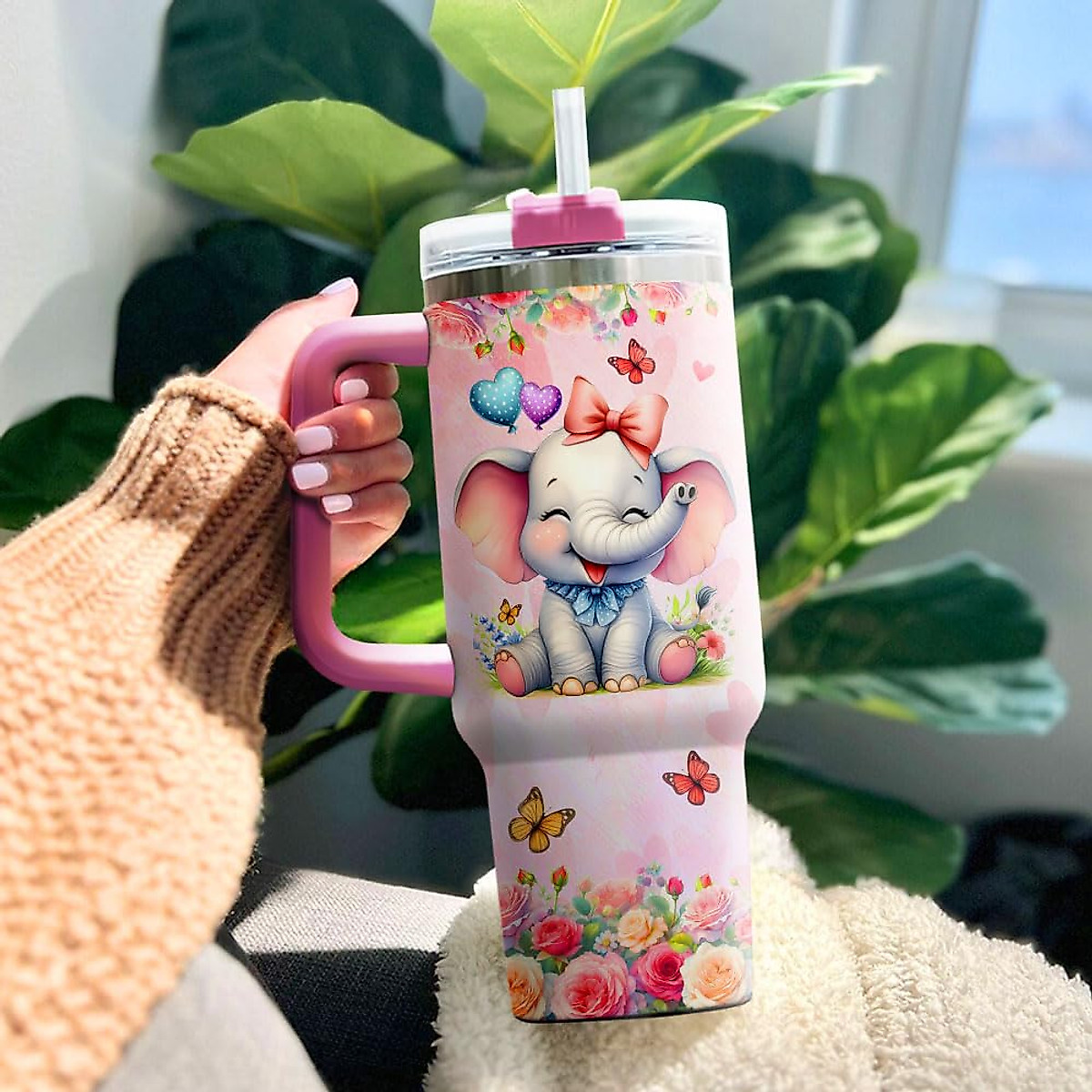 99WHALE Elephant Gifts, Tumbler 40 Oz With Handle Lid And Straw, Elephant Floral, Insulated Simple Stainless Primrose Coffee Parade Flower Red Heart Quartz Yellow Steel Camelia