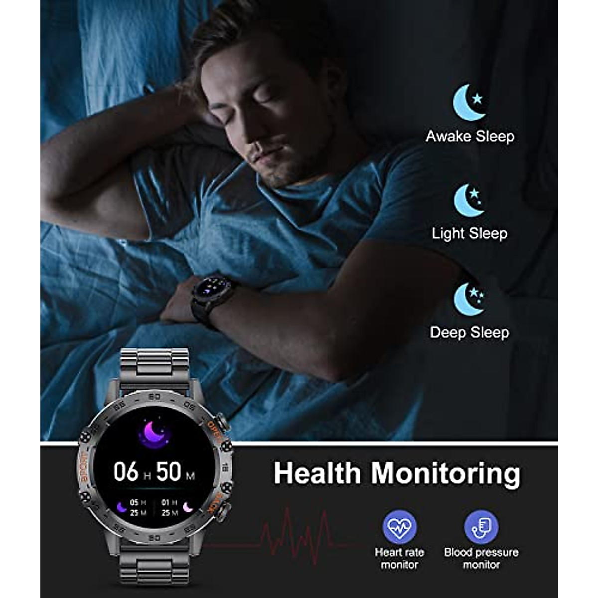 Military Smart Watch for Men(Answer/Dial Calls),100 Sports Modes, 5ATM Waterproof Fitness Watch with Heart Rate/SpO2/Blood Pressure for Android and iPhone,1.39''HD DIY Screen Smartwatch Black