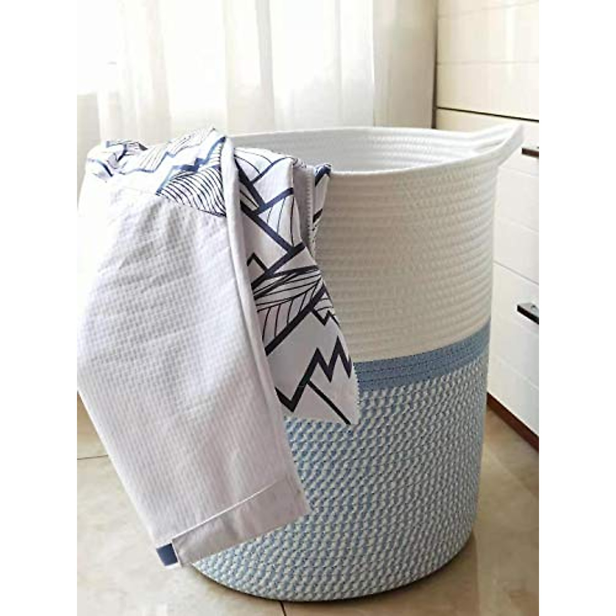 M Size Blue White Laundry Basket with Handles Toy Basket Clothes Hamper Home Decor Basket Towel Storage Woven Blanket Basket Cotton Rope Decorative Blanket Basket,Environmental Protection Material
