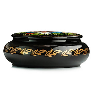 Gift Jewelry Box for Earrings, Necklace, Rings, Round Wooden Case with Hand Painted Flowers on Black Lacquer, for Girls and Women, Made in Europe (Rose)