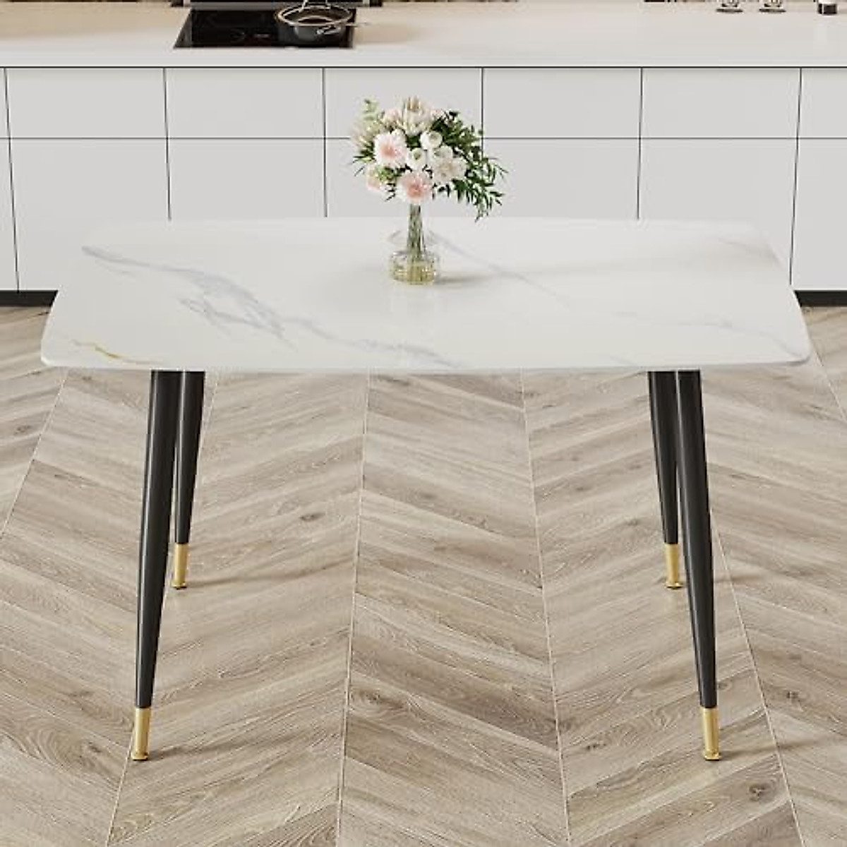 Modern Dining Table for 4, 50" Rectangular Dining Room Table with 0.47'' Sintered Stone Tabletop and Black Metal Legs, Kitchen Table for Dining Room Kitchen, Easy Assembly (White)