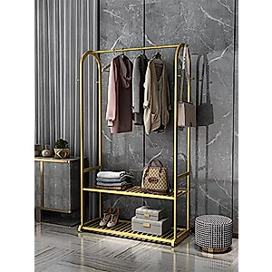MAIKAILUN 2- layer Clothing Rack Gold,Modern Industrial Clothes Rack for hanging Clothes with Top Rod and Bottom Shelves, Multi-functional Heavy Duty Garment Rack Cloest Organizer and 6 Hooks (59")