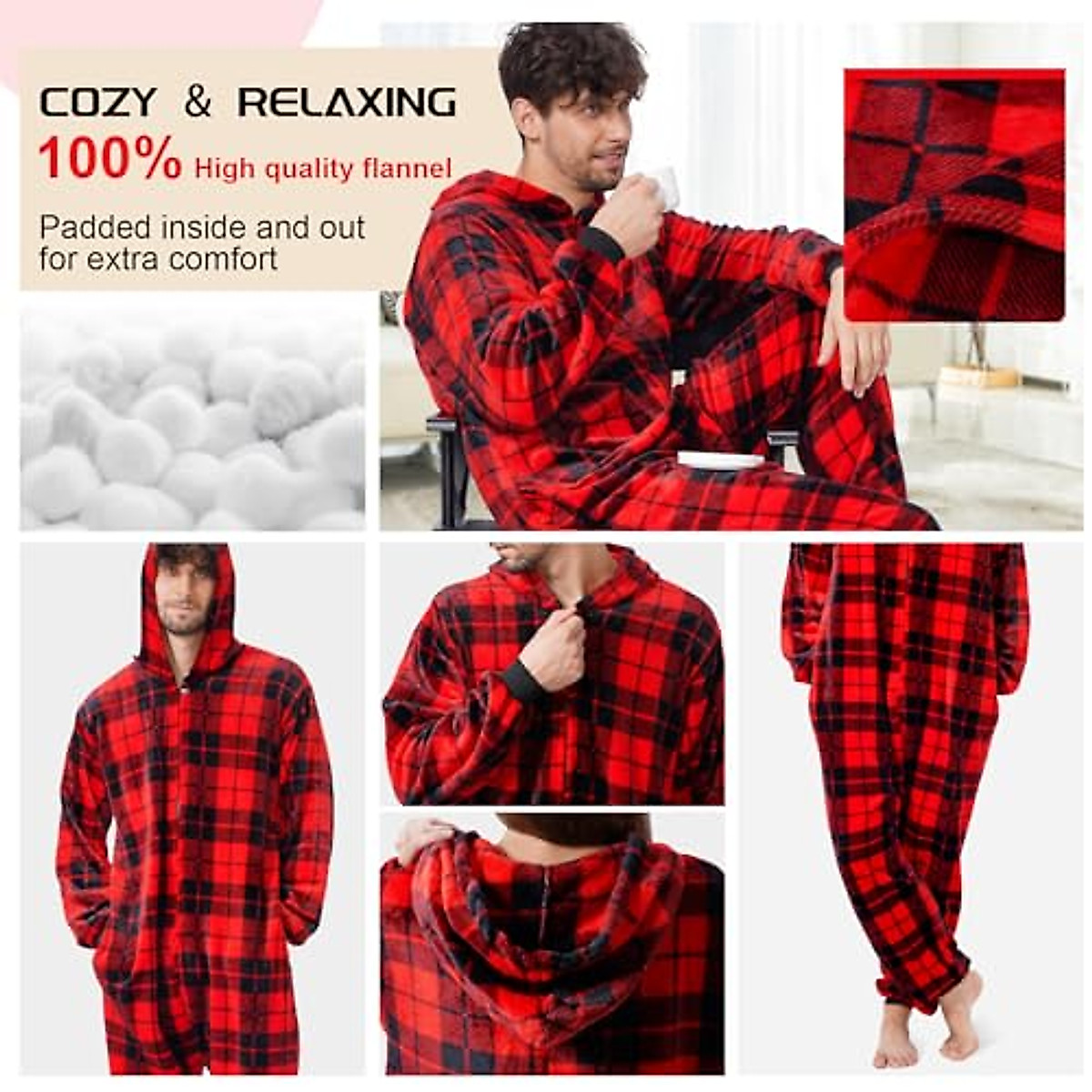 Seaforie Matching Pajamas for Couples,2024 Onesies Flannel Women's Pijamas,One-Piece Red Plaid Fleece Pjs for Men Family (Pet Small)