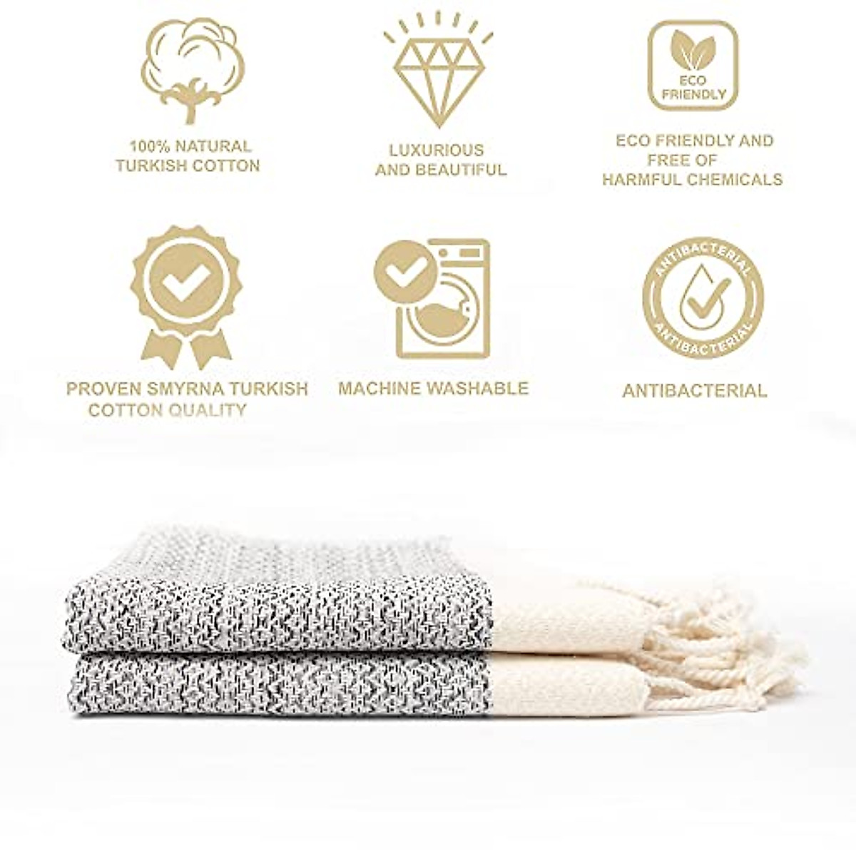 SMYRNA TURKISH COTTON Kitchen Dish Towels Pack of 2 | 100% Natural Cotton, 15 x 26 Inches | Machine Washable Wash Cloths | Ultra Soft, Absorbent, Prewashed and Quick Dry Turkish Dish Towels (Gray)