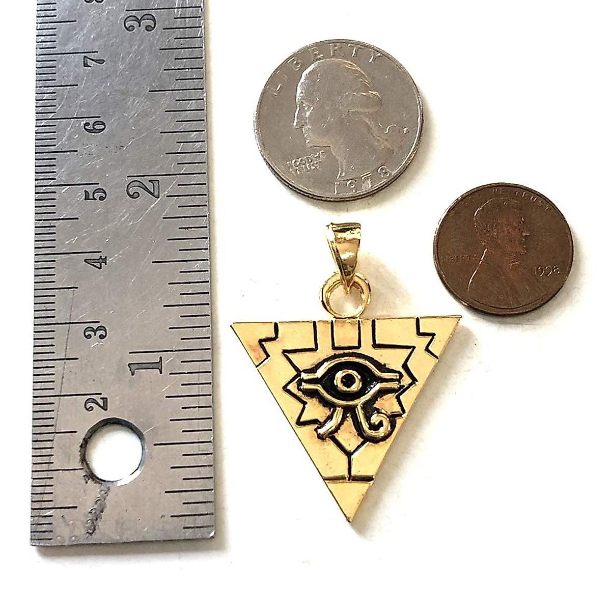 The Millenium Puzzle Illuminati Pyramid Horus Ra Evil All seeing Eye Men's Pendant Necklace Pewter Gold plated Pendant Money Wealth Lucky Charm Protection Amulet w Brass ball chain