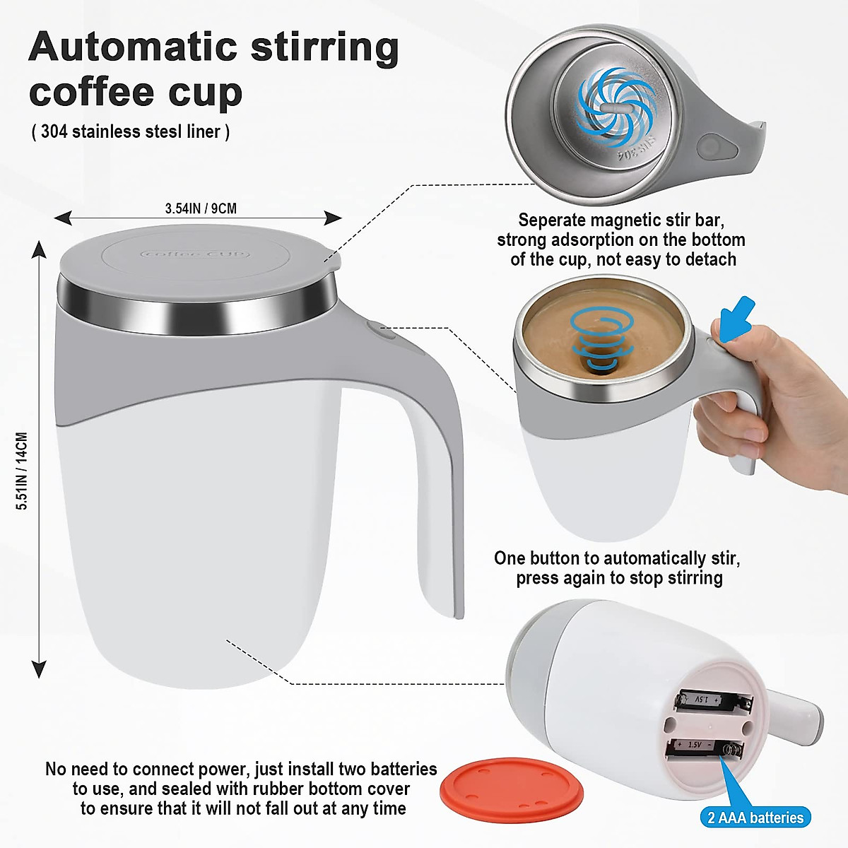 JELOVA Electric Magnetic Stirring Coffee Mug, Electric Mixing Mug, Automatic Funny Self Mixing Cup, Stainless Steel Travel Cup for Chocolate, Milk, Tea, Office, Home, Kitchen, 12 oz/350ml, White