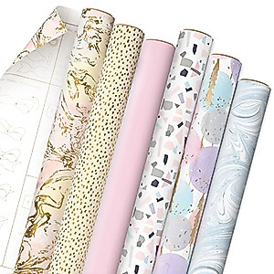 Hallmark Pastel Wrapping Paper Bundle with Cutlines on Reverse (6 Rolls: 130 Square Feet Total) Pink, Gold, Blue for Birthdays, Weddings, Bridal Showers, Baby Showers and More