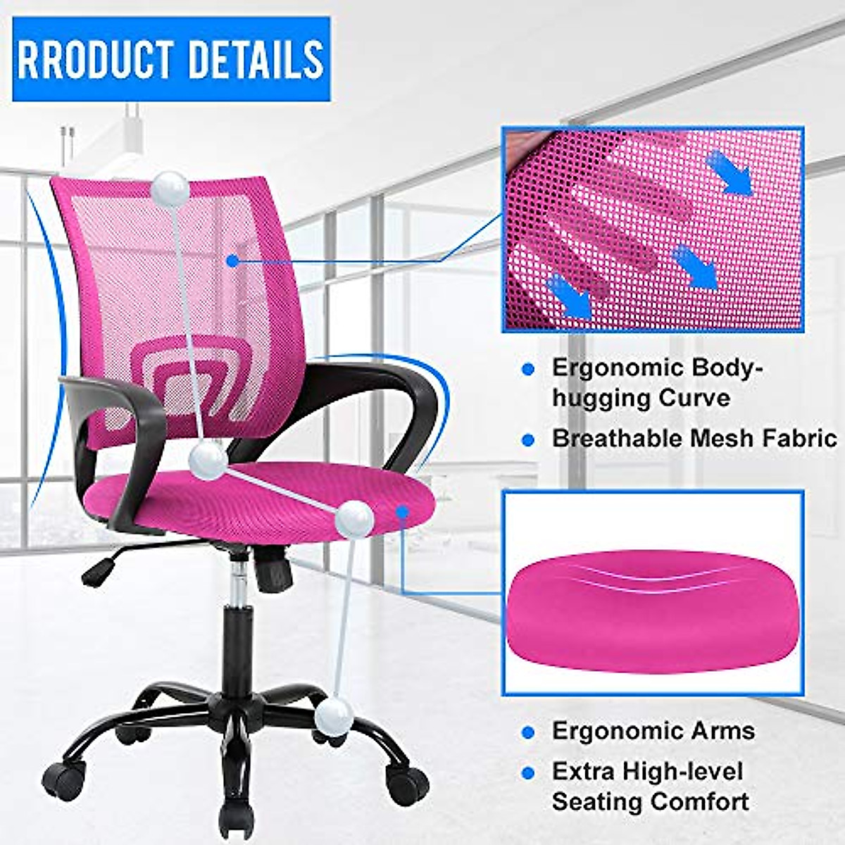 Meet Perfect Mid-Back Desk Office Chair, Ergonomic Modern Computer Chair with Lumbar Support and Armrest, Adjustable Executive Task Chair for Home, Study and Meeting Room- Mesh Back, Swivels (Pink)