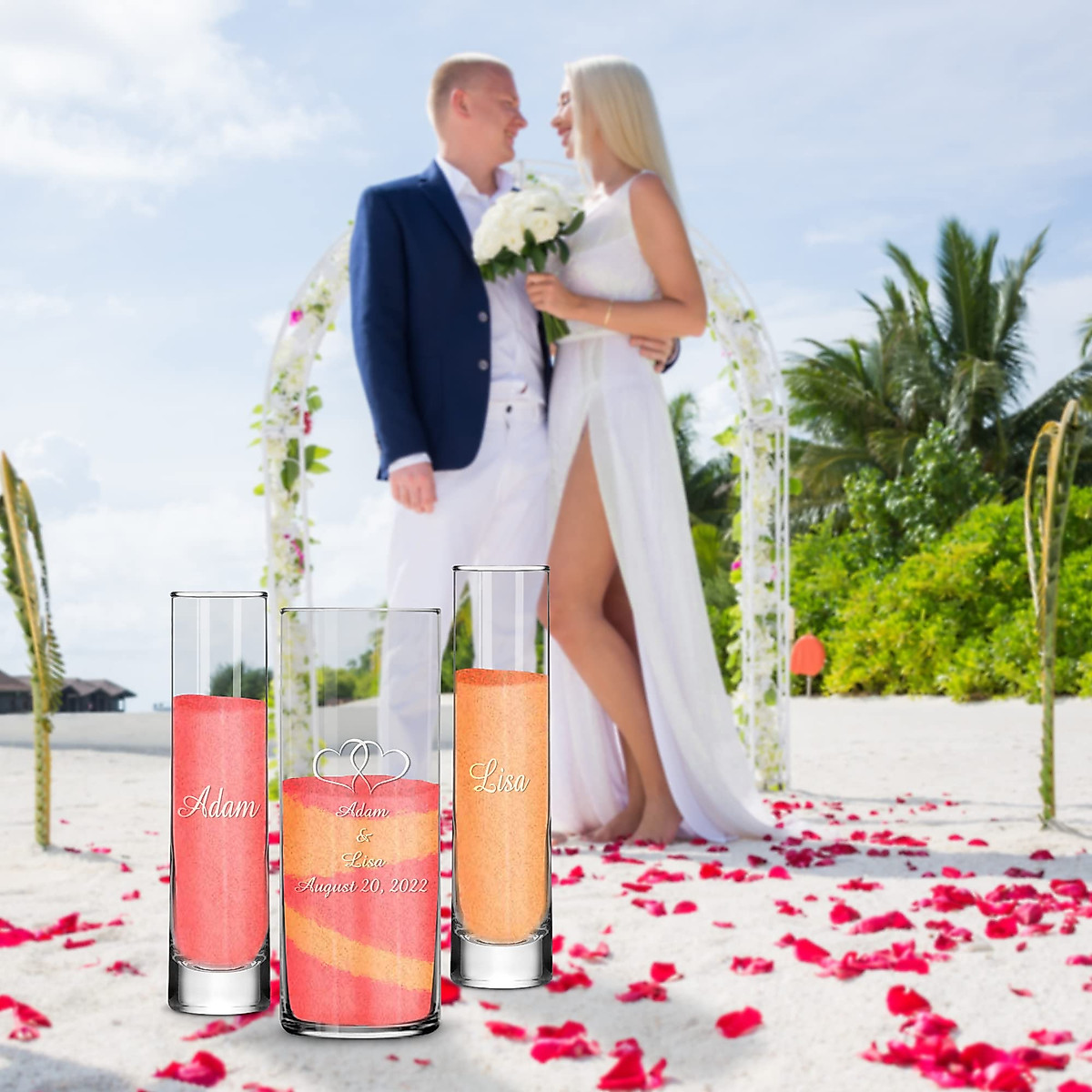 Personalized Unity Sand Ceremony Sets – Salt Ceremony Kit For Weddings, Unity Candle Alternative, Blended Family Sand Set. Best Gift for Wedding or Anniversary. Cylinder w Double Heart