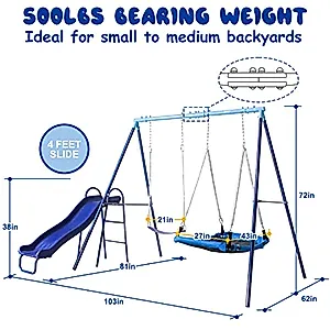 500lbs Swing Sets for Backyard with Slide, Platform Swing 43 inch, Belt Swing, Heavy Duty Metal Swing Stand for Playground and Backyard