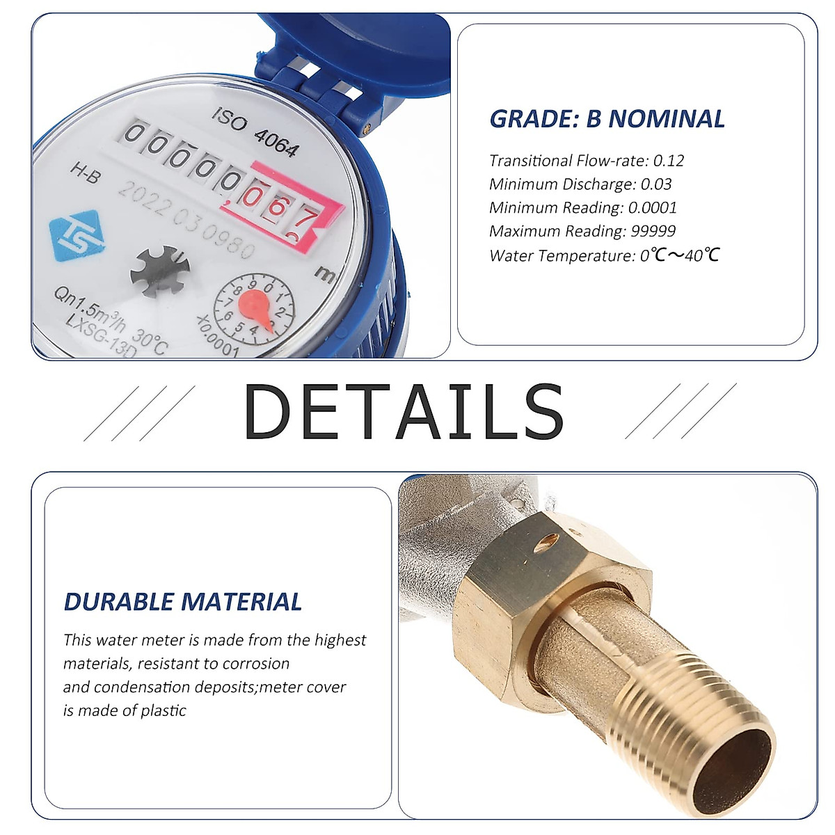 VILLCASE Water Flow Meter TS- S300E Water Meter Accurate Long Time Cold Water Meter, 3/4 NPT Couplings, Measuring in Cubic Meter Garden Water Meter