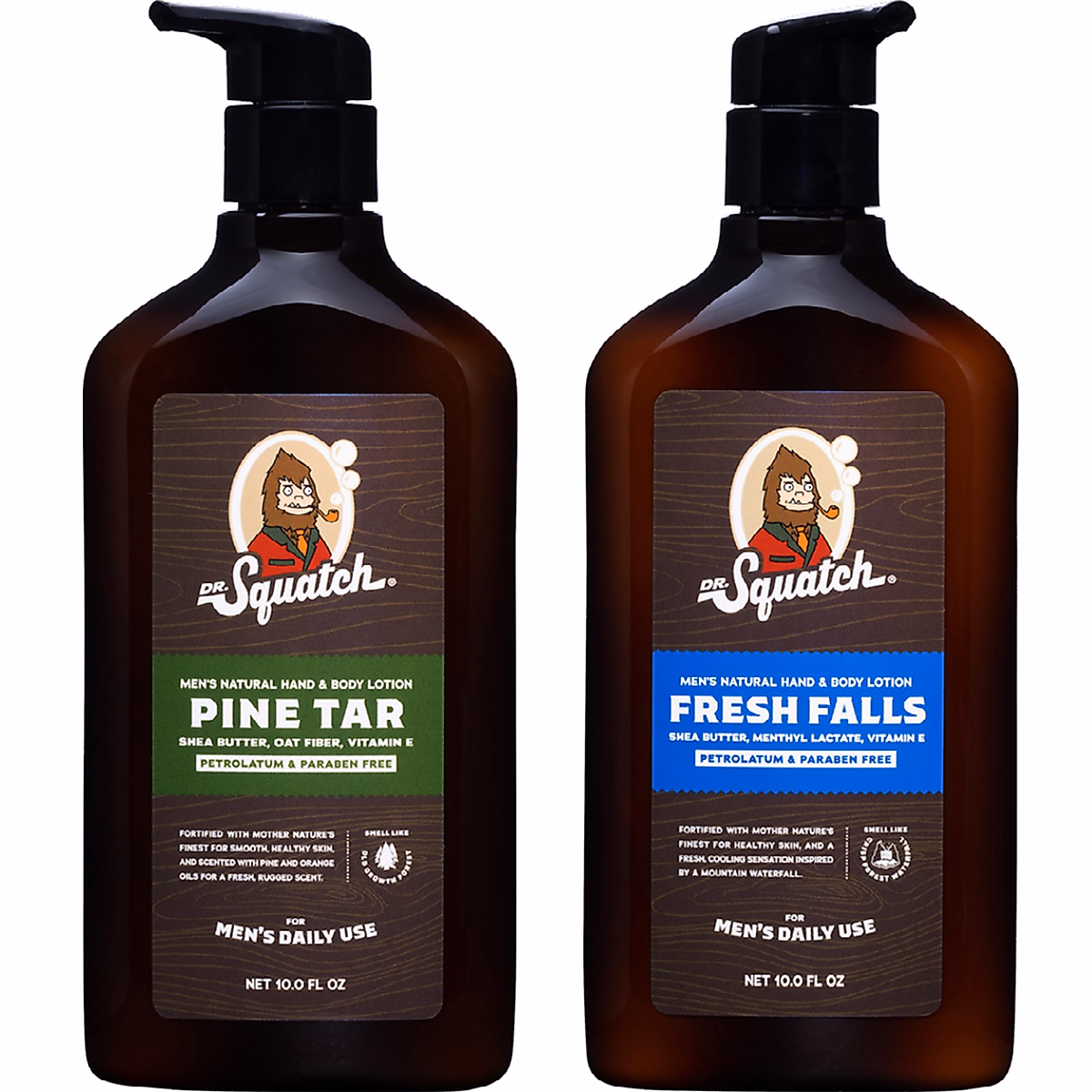 Dr. Squatch Men's Non-Greasy Natural Lotion - 24-hour moisturization hand and body lotion - Made with Shea Butter, Coconut Oil, and Vitamin E - Pine Tar, Fresh Falls (2 Pack)