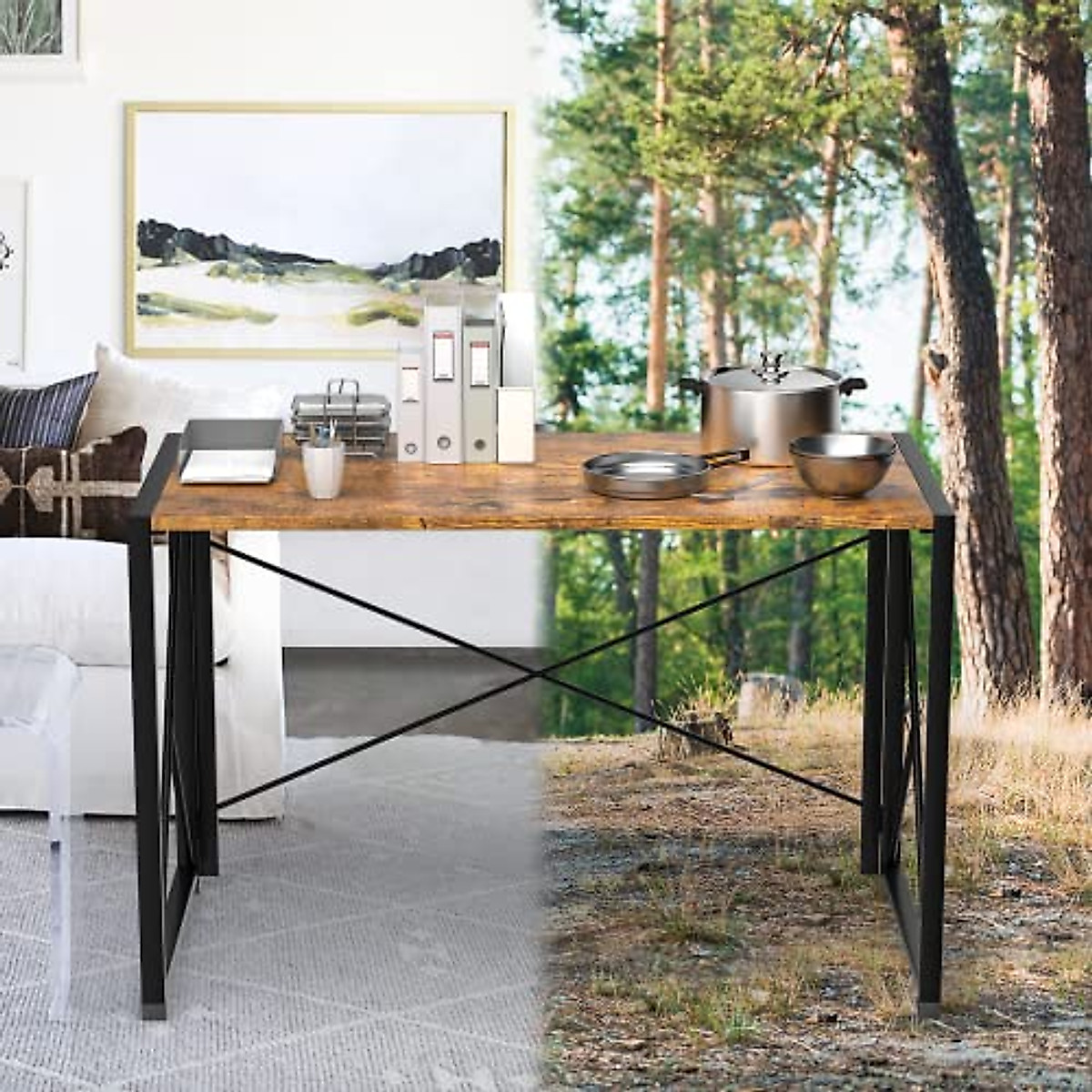 Shahoo Computer Desk 39 Inch, Folding Writing Table No Assembly, Sturdy Small Home Office Desktop, Firewood