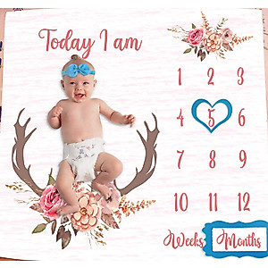 PHMOJEN Baby Monthly Milestone Blanket | Deer Antler Flowers with Words | Pink | Baby Growth Chart Monthly Blanket | Includes Markers 47"x47" BTLSPH68