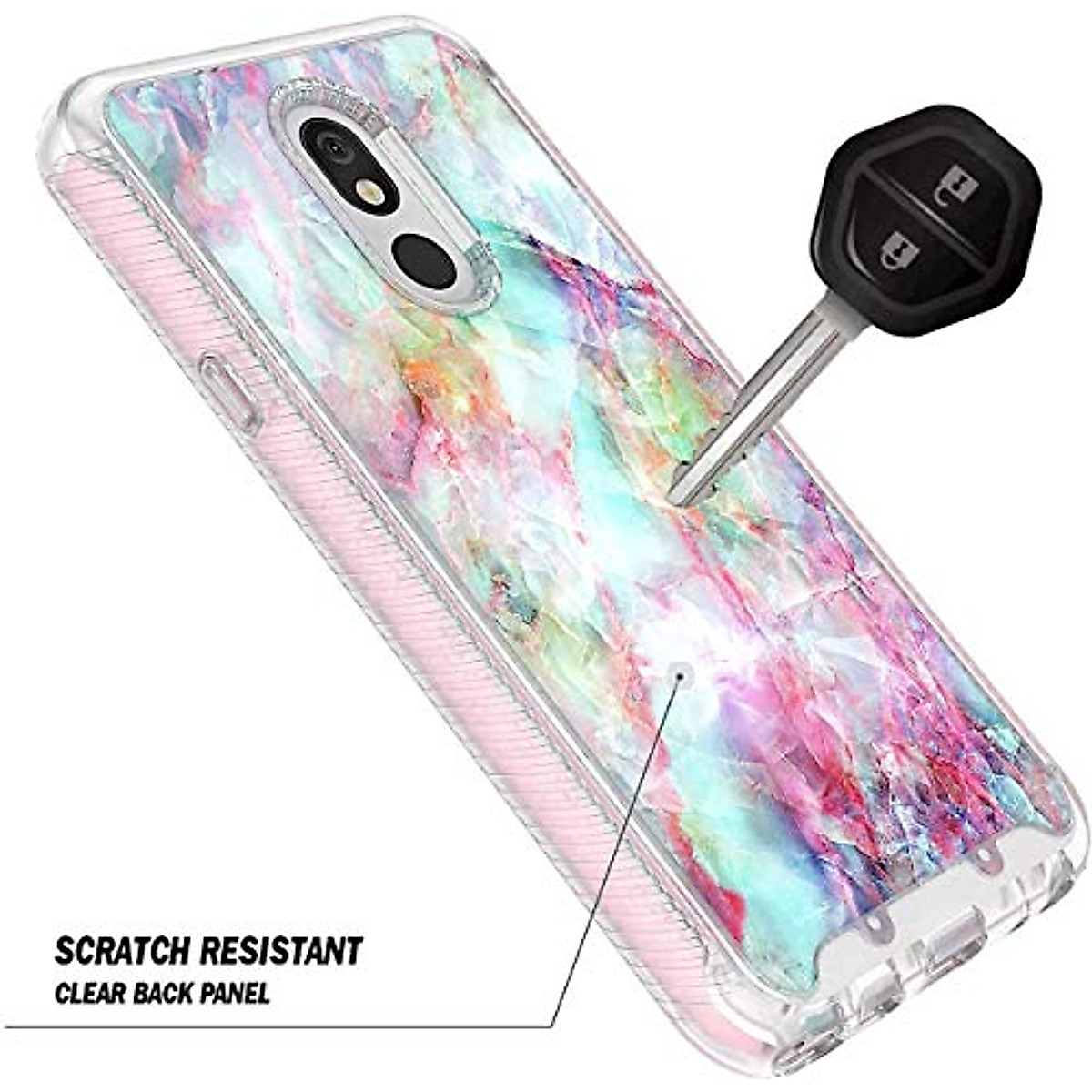 E-Began Case for LG Journey LTE L322DL, Neon Plus/Aristo 4+ Plus/Escape Plus/Tribute Royal/Arena 2, Full-Body Protective Shockproof Bumper with Built-in Screen Protector -Marble Design Fantasy