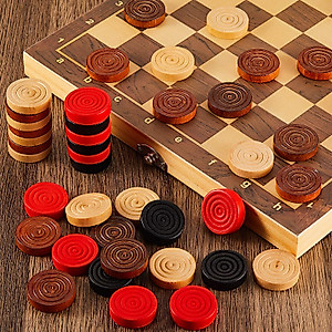 48 Pieces Wooden Checkers 1.06 Inch Wooden Checkers Pieces with Stackable Ridge in Drawstring Storage Pouch Red Black Dark Brown Wood Color (Red, Black, Dark Brown, Natural Color)