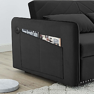 Antetek Sleeper Sofa Bed w/USB Port, Modern 3-in-1 Convertible Upholstered Velvet Loveseat Sofa w/Pull Out Bed, Small Futon Couch with Adjustable Backrest for Living Room Small Space Apartment, Black