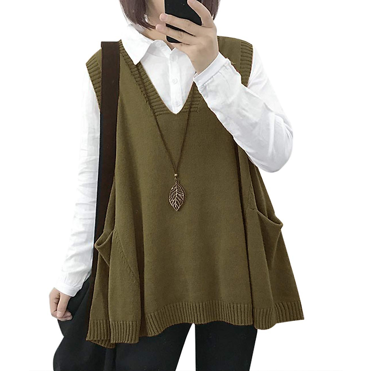 YESNO Sweater Vest Women Loose Swing Cotton Cute Oversized Knit Pullover Sleeveless Sweater Tops with Drop Pockets 3XL WM9 Olive