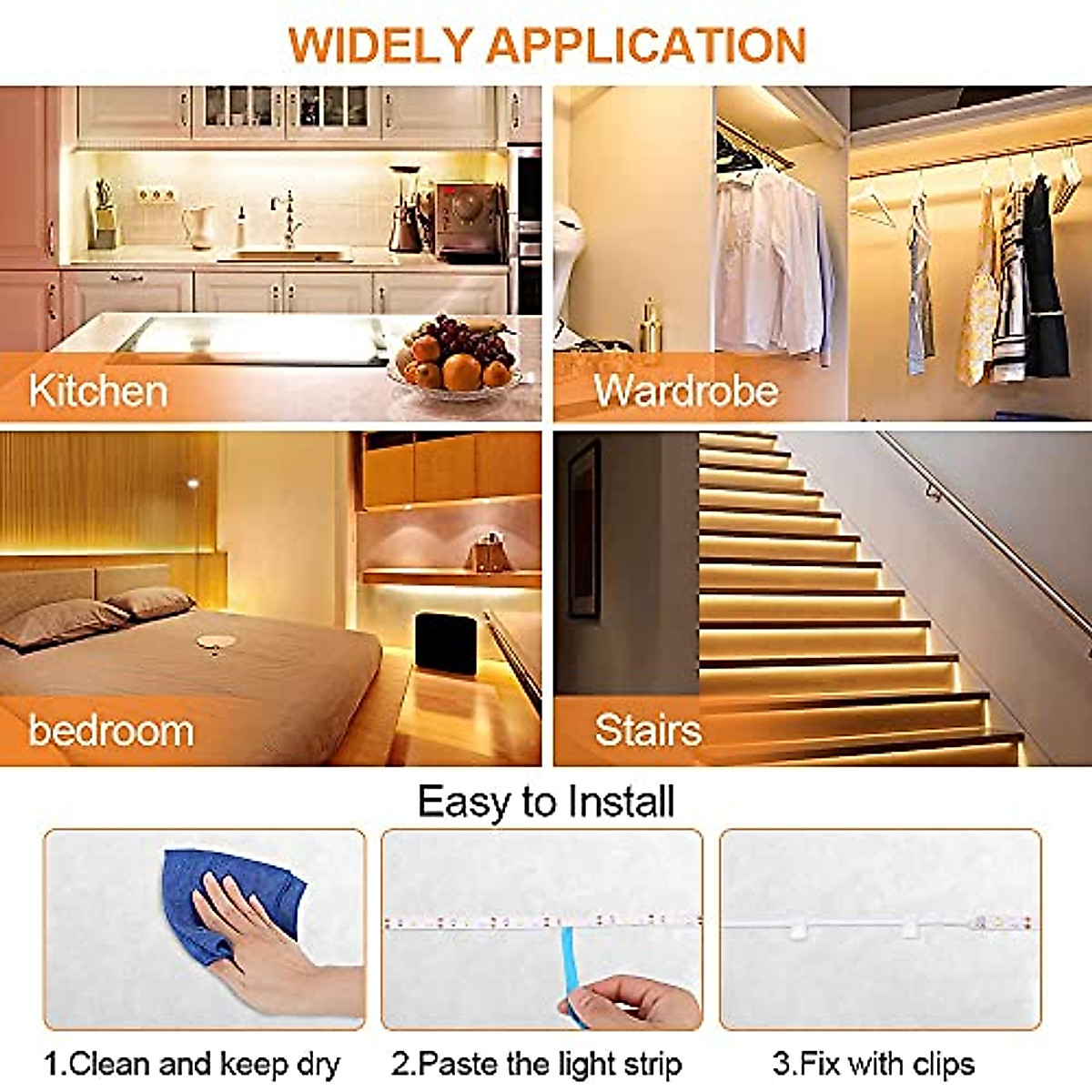 Under Cabinet Lights LED Strip Lighting for Kitchen 13ft Dimmable Under Counter Lighting with Remote Control and Adapter, Timing Warm White Strip Lights for Closet Bookshelf Bedroom - 2400LM, 3000K