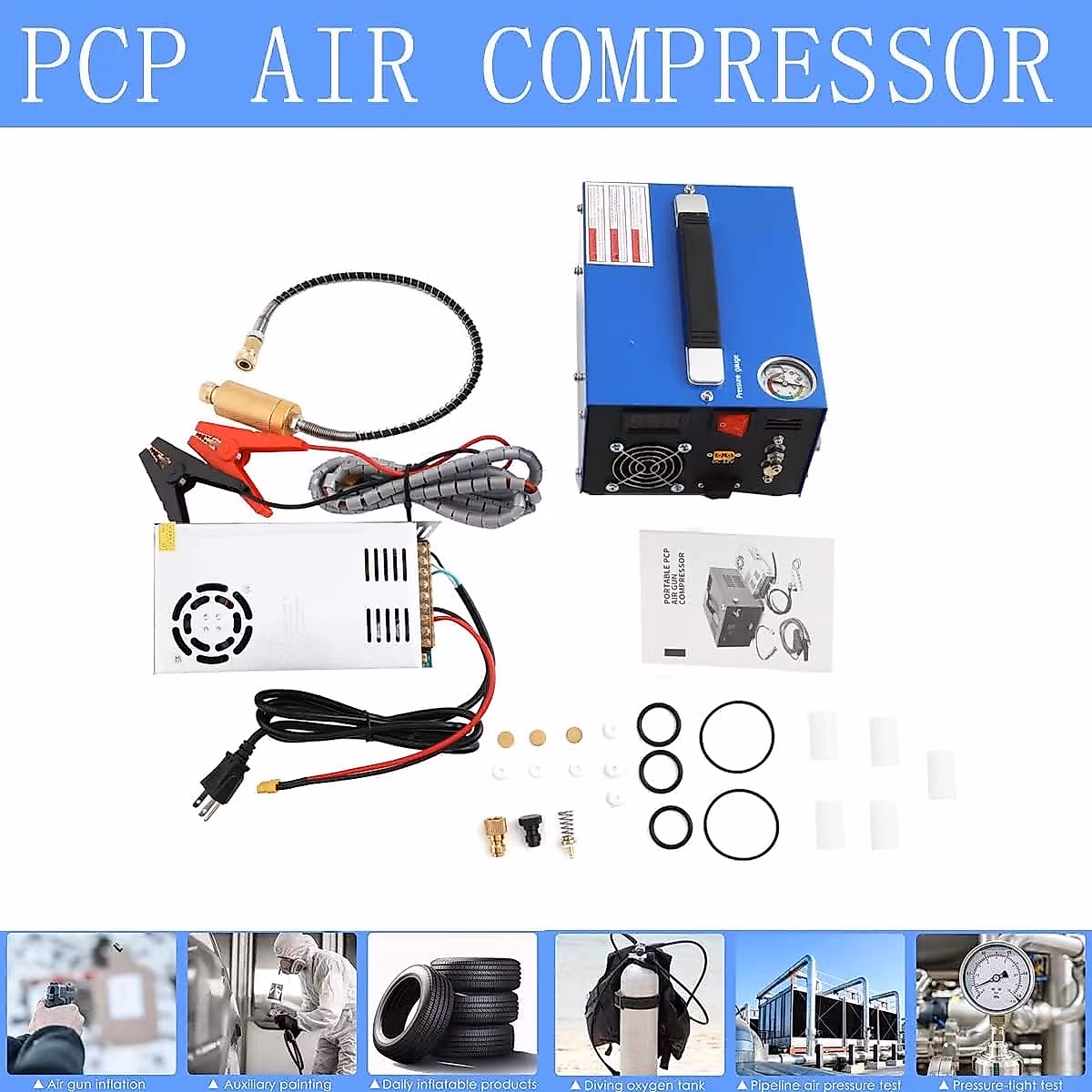 Generic pcp compressor 12v 300 bar 4500 psi 30Mpa pcp pump high pressure pcp air compressor, 36*26*26cm, Black