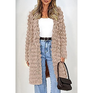 PRETTYGARDEN Women's Winter Faux Fur Jackets Fall Fashion Open Front Long Shaggy Coat Outerwear (Dark Khaki,Large)