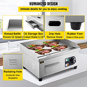 VEVOR 14" Electric Countertop Flat Top Griddle 110V 1500W Non-Stick Commercial Electric Griddles Restaurant Teppanyaki Grill Stainless Steel Adjustable Temperature Control 122°F-572°F, Sliver