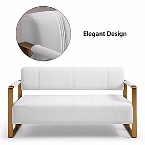 RIDFY Mid-Century Modern Faux Leather Loveseat Sofa with Golden Metal Arms, 2 Seat Leather Futon Couch Armchair for Small Spaces, Living Room, Office, Apartment (White)