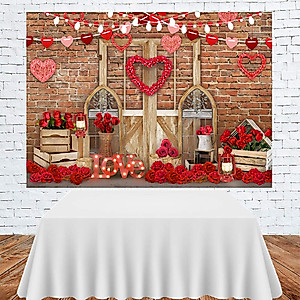 Lofaris Happy Valentine's Mother’s Day Photography Backdrops Brick Wall Wood Door and Red Rose Flower Love Heart Lights Background Birthday Baby Shower Party Decorations Portrait Photo Booth Props